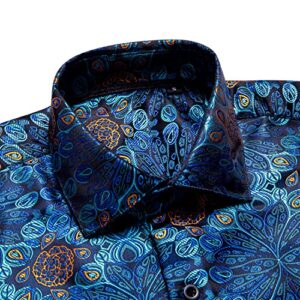 Dubulle Blue Floral Shirt for Men Silk Casual Button Down Shirt Long Sleeve Slim Fit Dress Shirt for Tuxedo Suit Set