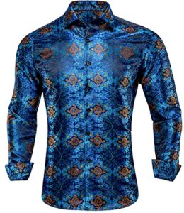 dubulle blue floral shirt for men silk casual button down shirt long sleeve slim fit dress shirt for tuxedo suit set