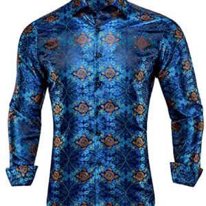 Dubulle Blue Floral Shirt for Men Silk Casual Button Down Shirt Long Sleeve Slim Fit Dress Shirt for Tuxedo Suit Set