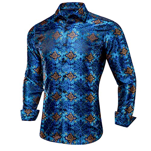 Dubulle Blue Floral Shirt for Men Silk Casual Button Down Shirt Long Sleeve Slim Fit Dress Shirt for Tuxedo Suit Set