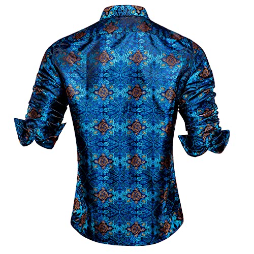 Dubulle Blue Floral Shirt for Men Silk Casual Button Down Shirt Long Sleeve Slim Fit Dress Shirt for Tuxedo Suit Set