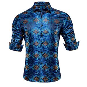 Dubulle Blue Floral Shirt for Men Silk Casual Button Down Shirt Long Sleeve Slim Fit Dress Shirt for Tuxedo Suit Set