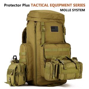 Protector Plus Tactical Hiking Daypack 70-85L Military MOLLE Assault Backpack Army Traveling Camping Pack Bug Out Bag Outdoor Rucksack (Rain Cover & Patch Included),Brown