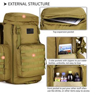 Protector Plus Tactical Hiking Daypack 70-85L Military MOLLE Assault Backpack Army Traveling Camping Pack Bug Out Bag Outdoor Rucksack (Rain Cover & Patch Included),Brown