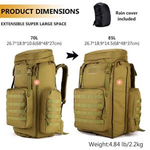 Protector Plus Tactical Hiking Daypack 70-85L Military MOLLE Assault Backpack Army Traveling Camping Pack Bug Out Bag Outdoor Rucksack (Rain Cover & Patch Included),Brown