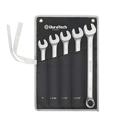 DURATECH Long Pattern Combination Wrench Set, SAE, 5-Piece, 1" to 1-1/4", 12 Point, CR-V Steel, with Rolling Pouch