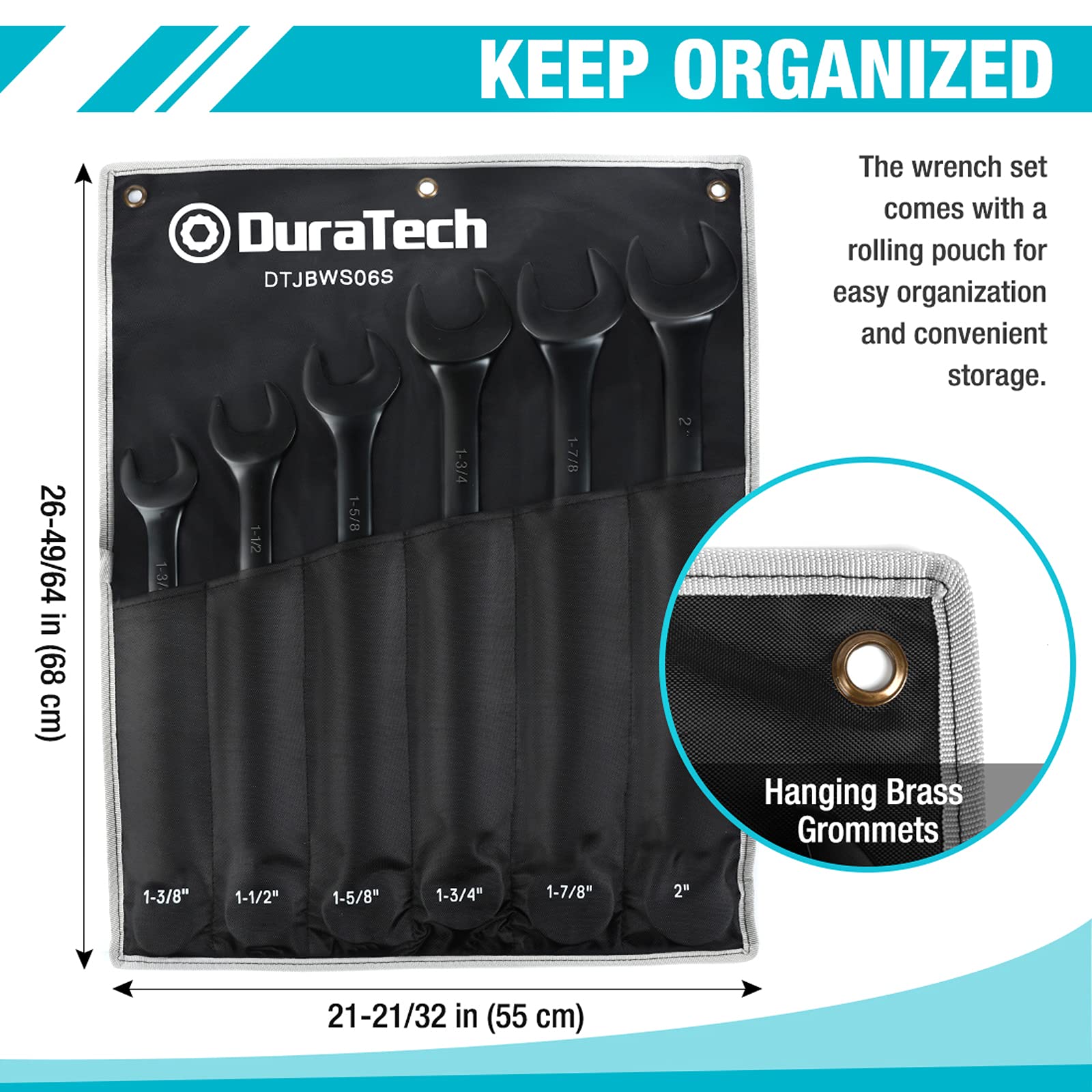 DURATECH Jumbo Combination Wrench Set, SAE, 6-piece, 1-3/8'' to 2'', CR-V Steel, Black Electrophoretic Coating, with Pouch