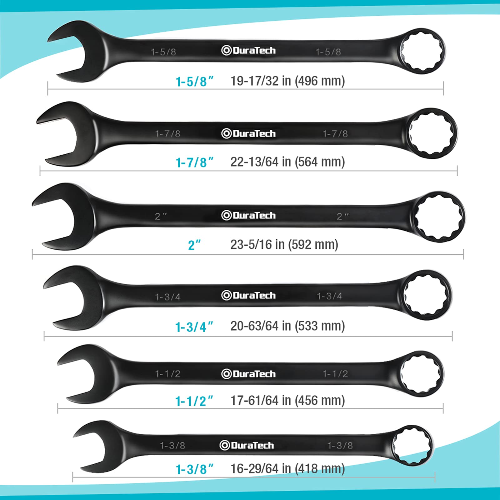 DURATECH Jumbo Combination Wrench Set, SAE, 6-piece, 1-3/8'' to 2'', CR-V Steel, Black Electrophoretic Coating, with Pouch