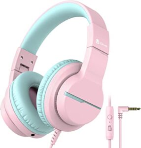 iclever hs19 kids headphones with microphone for school, volume limiter 85/94db, over-ear girls boys headphones for kids with shareport, foldable wired headphones for ipad/travel (pink)