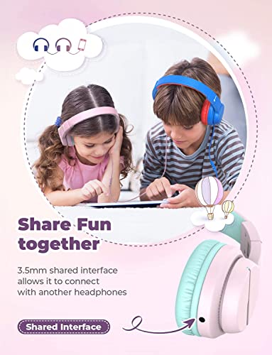 iClever HS19 Kids Headphones with Microphone for School, Volume Limiter 85/94dB, Over-Ear Girls Boys Headphones for Kids with Shareport, Foldable Wired Headphones for iPad/Travel (Pink)