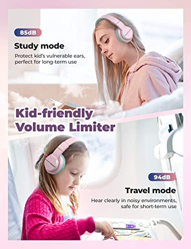 iClever HS19 Kids Headphones with Microphone for School, Volume Limiter 85/94dB, Over-Ear Girls Boys Headphones for Kids with Shareport, Foldable Wired Headphones for iPad/Travel (Pink)