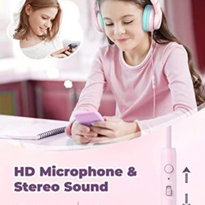 iClever HS19 Kids Headphones with Microphone for School, Volume Limiter 85/94dB, Over-Ear Girls Boys Headphones for Kids with Shareport, Foldable Wired Headphones for iPad/Travel (Pink)