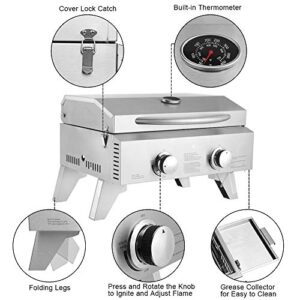 Propane Tabletop Grill, Two-Burner, Stainless Steel Gas Grill Portable 2000 BTU BBQ Grid with Foldable Legs for Outdoor Camping Picnic EASY SETUP