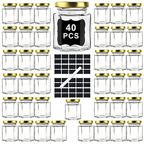 40 Pack Small Glass Honey Jars with Lids for Wedding Favor, Baby Showers, 3 Oz Airtight Glass Canning Jars with Lids, Hexagonal Glass Jars for Spice, Candy, Jam, Waterproof Stickers