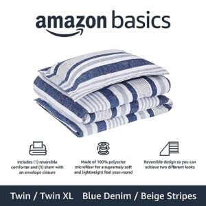 Amazon Basics Ultra-Soft Lightweight Microfiber Reversible Comforter 2-Piece Bedding Set, Twin/Twin XL, Blue Denim/Beige Stripes, Striped