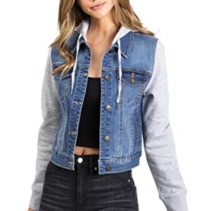 Wax Jeans Women's Juniors Hoodie Denim Jacket, Medium, Light Denim