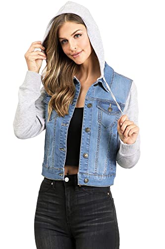 Wax Jeans Women's Juniors Hoodie Denim Jacket, Medium, Light Denim