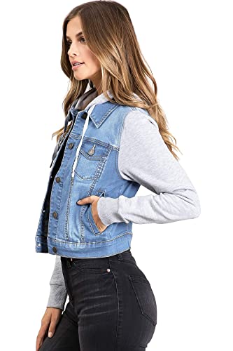 Wax Jeans Women's Juniors Hoodie Denim Jacket, Medium, Light Denim