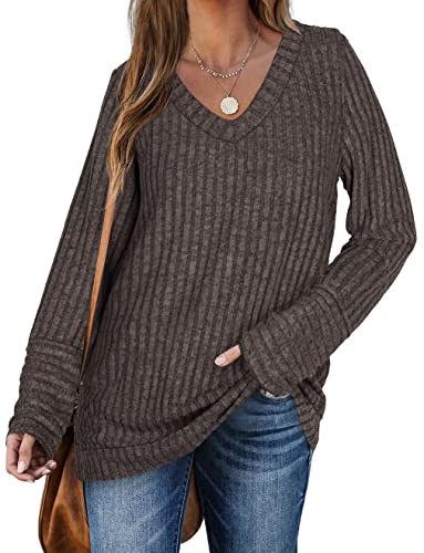 WIHOLL Tunic Sweaters for Women Long Sleeve V Neck Lightweight Shirt Khaki M