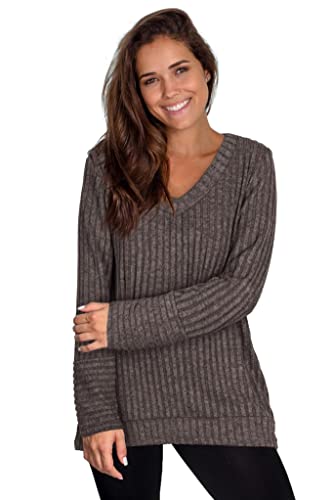 WIHOLL Tunic Sweaters for Women Long Sleeve V Neck Lightweight Shirt Khaki M