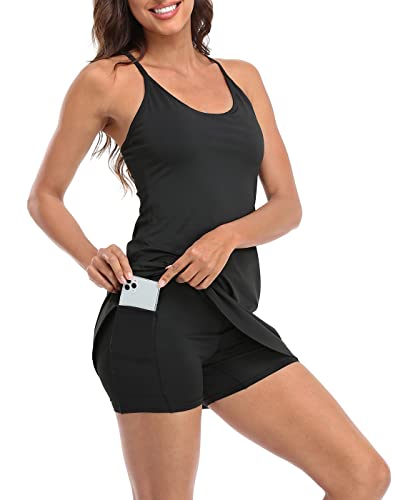 HDE Womens Exercise Workout Dress with Built-in Shorts Sleeveless Athletic Dresses for Golf Tennis Black - S