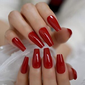 gorgeous red press on ballet false nails long ruby-red coffin ballerina uv fingersnails free adhesive tapes 24pcs/set