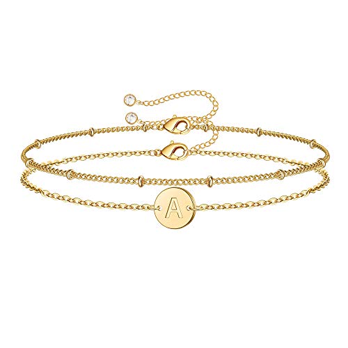 Gold Bracelets for Women Teen Girl Gifts, 14K Gold Filled Layered Letter A Initial Bracelet for Women Teen Girls Gifts Disc Charm Bracelet Gifts for Teen Girls Gold Initial Bracelets for Women Girls Gifts