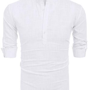 COOFANDY Men's Cotton Linen Henley Shirt Long Sleeve Hippie Casual Beach T Shirts White