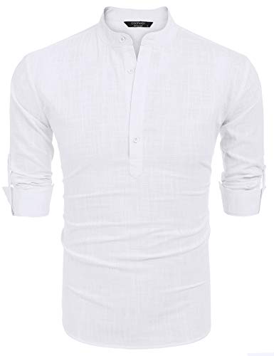 COOFANDY Men's Cotton Linen Henley Shirt Long Sleeve Hippie Casual Beach T Shirts White