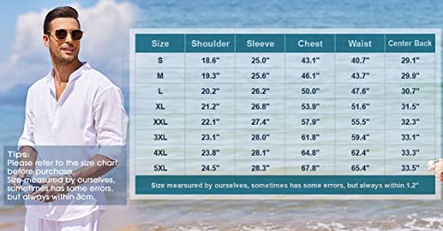 COOFANDY Men's Cotton Linen Henley Shirt Long Sleeve Hippie Casual Beach T Shirts White