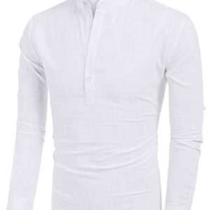 COOFANDY Men's Cotton Linen Henley Shirt Long Sleeve Hippie Casual Beach T Shirts White