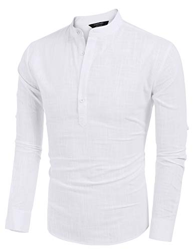 COOFANDY Men's Cotton Linen Henley Shirt Long Sleeve Hippie Casual Beach T Shirts White