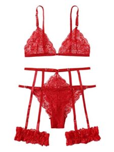 wdirara women's 3 pieces mesh floral lace scalloped trim garter lingerie set red s