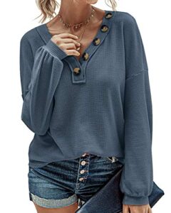 btfbm women waffle knit shirts v-neck long sleeve casual slouchy loose blouses plain faux button lightweight pullover (blue, x-large)