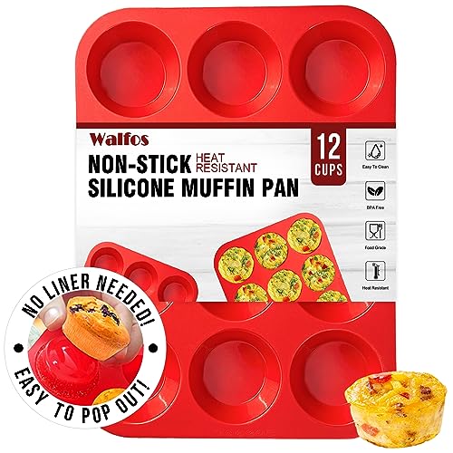 Walfos Silicone Muffin Pan - 12 Cups Regular Silicone Cupcake Pan, Non-stick Silicone Great for Making Muffin Cakes, Tart, Bread - BPA Free and Dishwasher Safe