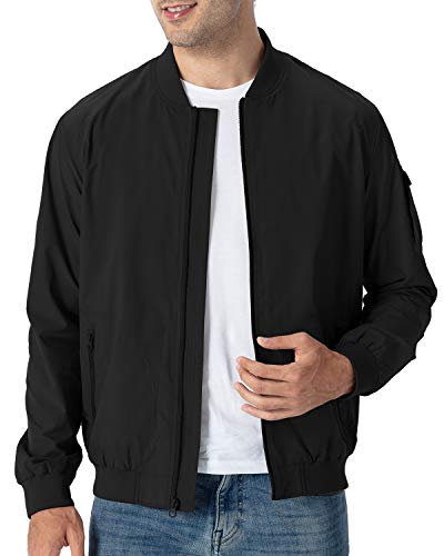 TBMPOY Men's Windproof Bomber Jackets Lightweight Track Jackets Spring Casual Windbreaker Outdoor Coat Black M