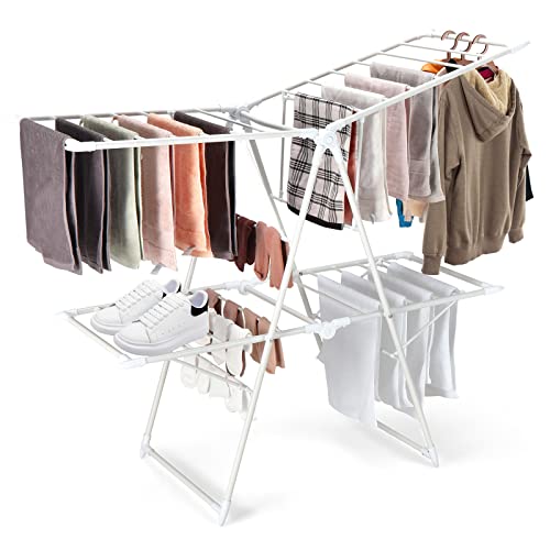 Tangkula Foldable Clothes Drying Rack, 2-Level Laundry Drying Rack w/ 28 Hanging Rails & Height Adjustable Wings, Freestanding Large Drying Rack for Clothes, Sheets, Shoes, Socks, No Assembly