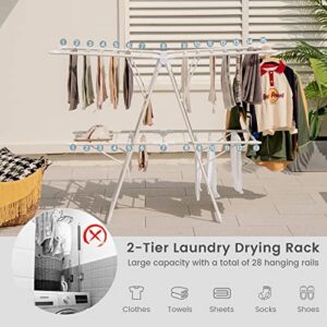 Tangkula Foldable Clothes Drying Rack, 2-Level Laundry Drying Rack w/ 28 Hanging Rails & Height Adjustable Wings, Freestanding Large Drying Rack for Clothes, Sheets, Shoes, Socks, No Assembly