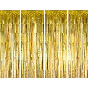 Muhome Gold Foil Fringe Curtain, 4PCS 3.28FT x 8.2FT Tinsel Door Curtains Gold Fringe Backdrop for Wedding Birthday Prom Mardi Gras Graduation Party Decorations