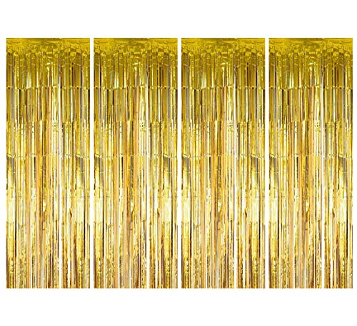 Muhome Gold Foil Fringe Curtain, 4PCS 3.28FT x 8.2FT Tinsel Door Curtains Gold Fringe Backdrop for Wedding Birthday Prom Mardi Gras Graduation Party Decorations