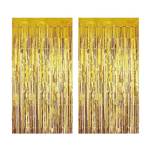 Gold Foil Fringe Curtain, 2PCS 3.28 x 8.2FT Metallic Photo Booth Backdrop Tinsel Door Curtains for Wedding Birthday Engagement Disco Bachelorette Party Decorations