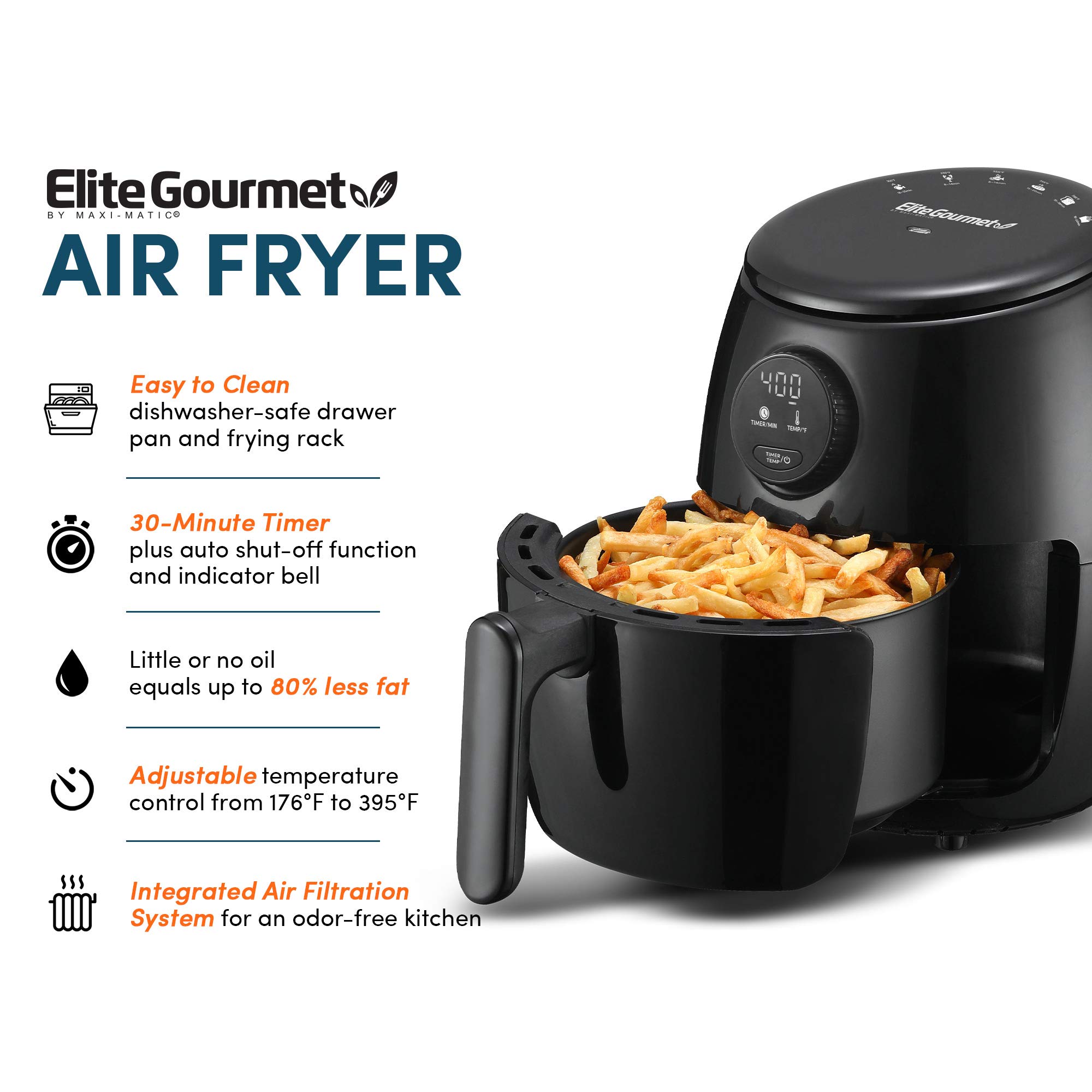 Elite Gourmet EAF2612D Personal 2.1Qt Compact Space Saving Programmable Hot Air Fryer, Oil-Less Healthy Cooker, Timer & Temperature Controls, 1000W, Black