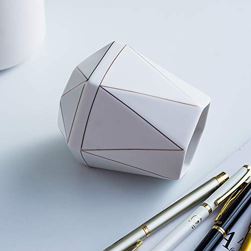 YOSCO Ceramic Desk Cute Pen Holder Stand Gold Line Pencil Cup Pot Desk Organizer Makeup Brush Holder (White)