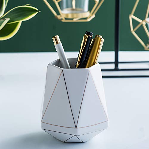 YOSCO Ceramic Desk Cute Pen Holder Stand Gold Line Pencil Cup Pot Desk Organizer Makeup Brush Holder (White)