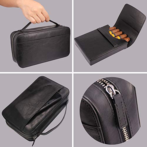 AMANCY Luxury Black Leather 5 Holder Cigar Humidor Case,Elegant Cigar Bag Pouch with Several Inner Accessory Pockets, Specialized Cigar Cutter and Lighter Contained