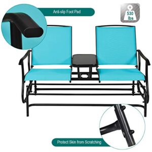 Giantex Patio Bench Glider Chair with Metal Frame, Center Tempered Glass Table, Outside Double Rocking Swing Loveseat for Porch, Garden, Poolside, Balcony, Lawn Rocker Outdoor Glider Bench(Turquoise)