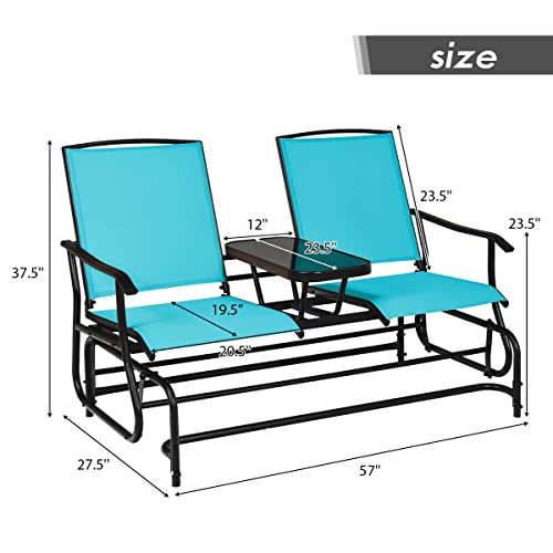 Giantex Patio Bench Glider Chair with Metal Frame, Center Tempered Glass Table, Outside Double Rocking Swing Loveseat for Porch, Garden, Poolside, Balcony, Lawn Rocker Outdoor Glider Bench(Turquoise)