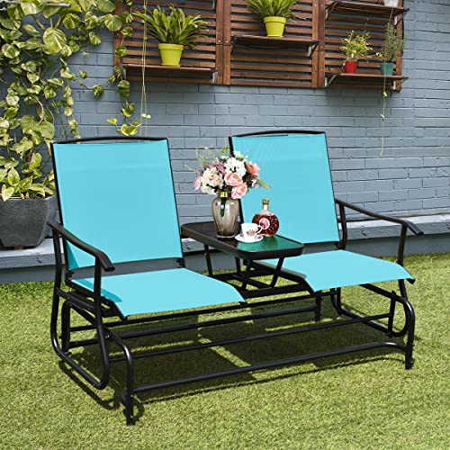 Giantex Patio Bench Glider Chair with Metal Frame, Center Tempered Glass Table, Outside Double Rocking Swing Loveseat for Porch, Garden, Poolside, Balcony, Lawn Rocker Outdoor Glider Bench(Turquoise)