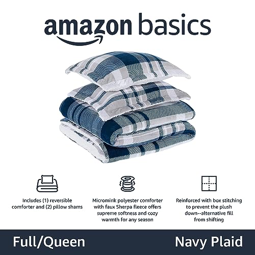 Amazon Basics Ultra-Soft Micromink Sherpa 3-Piece Comforter Bed Set, Full/Queen, Navy Plaid