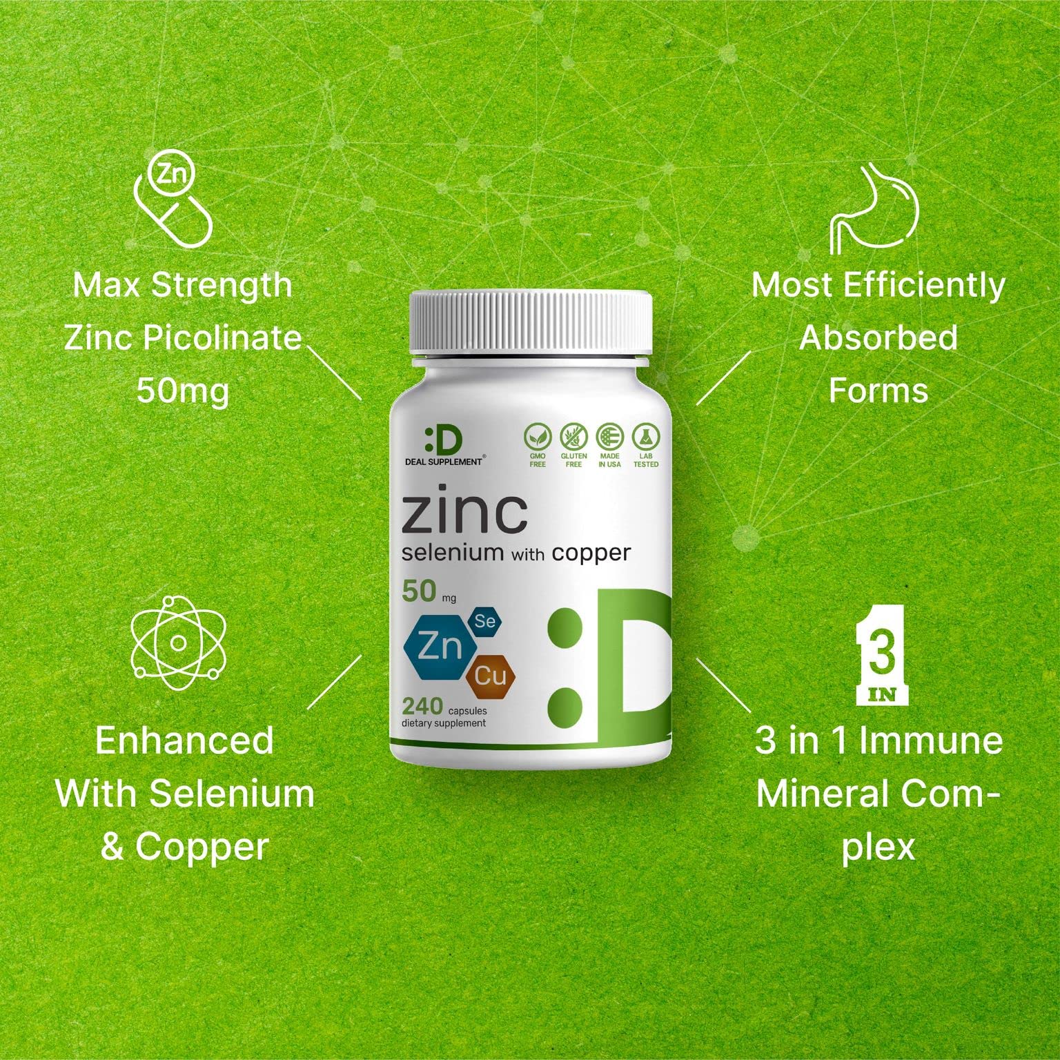 Zinc 50mg with Selenium 200mcg + Copper, 240 Capsules, 8 Month Supply, 3 in 1 Mineral Formula, Zinc Picolinate Complex Supplement, Supports Healthy Immune System for Adults and Kid